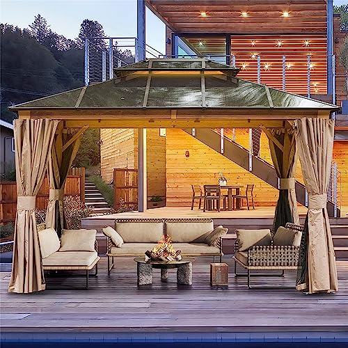Evedy 10'x12' Hardtop Gazebo,Aluminum Gazebo Pavilion with Curtain and Net,Permanent Outdoor Gazebo with Polycarbonate Double Roof,for Garden, Patio, Lawns, Deck, Backyard-Yellow Brown
