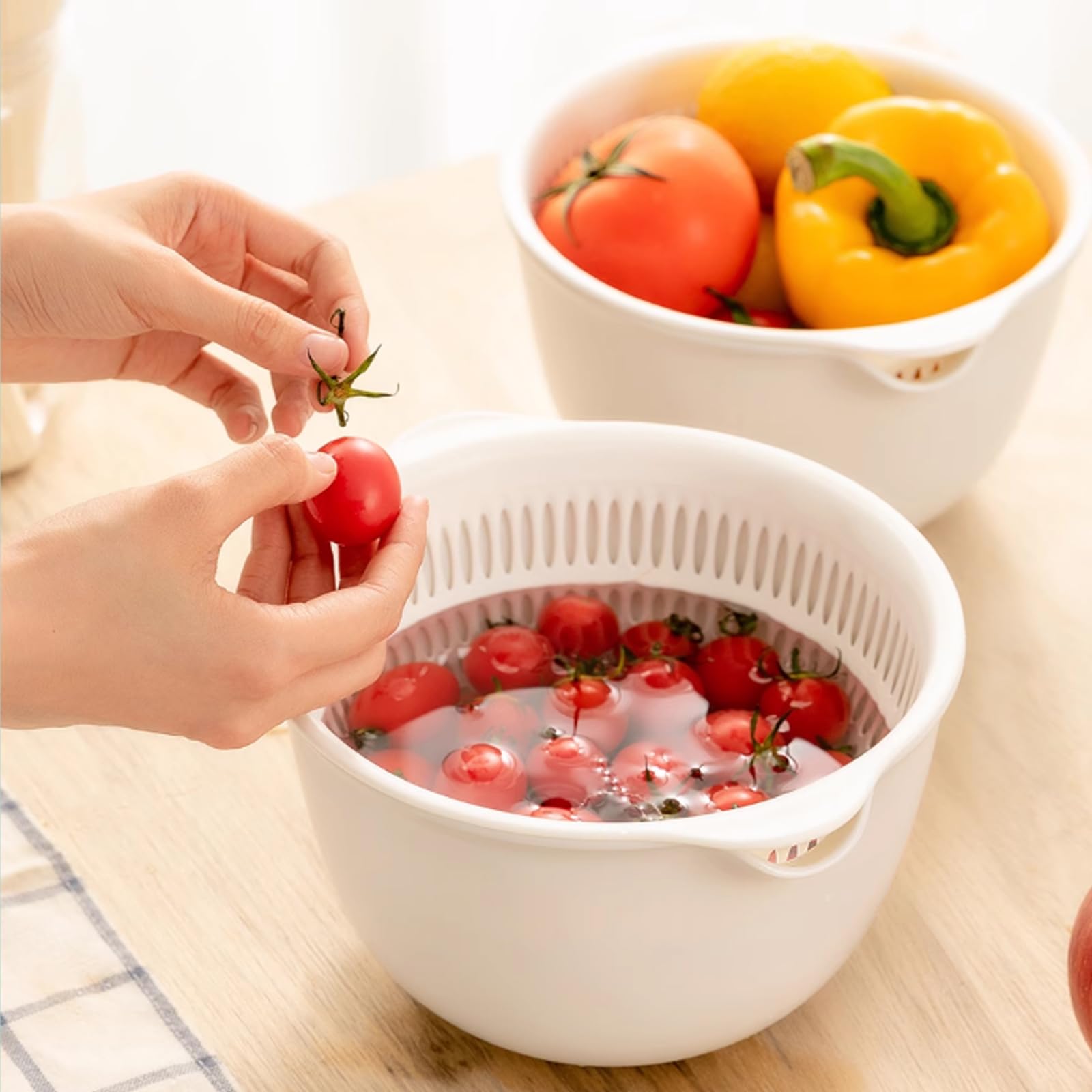 2 Sets 3 Qt,2 in 1 Kitchen Colander Set with Bowl Strainer ,BPA Free Plastic Fruits and Vegetable Washing Basket,Dishwasher Friendly Double Layered Drain Basin,for Pasta, Noodles, Rice and Food (Grey)