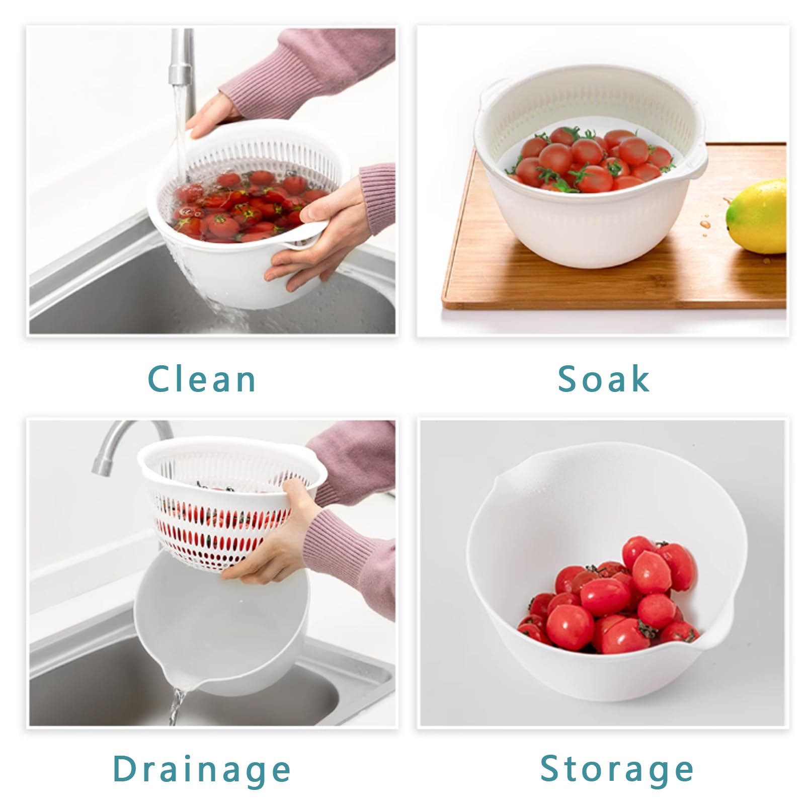 2 Sets 3 Qt,2 in 1 Kitchen Colander Set with Bowl Strainer ,BPA Free Plastic Fruits and Vegetable Washing Basket,Dishwasher Friendly Double Layered Drain Basin,for Pasta, Noodles, Rice and Food (Grey)
