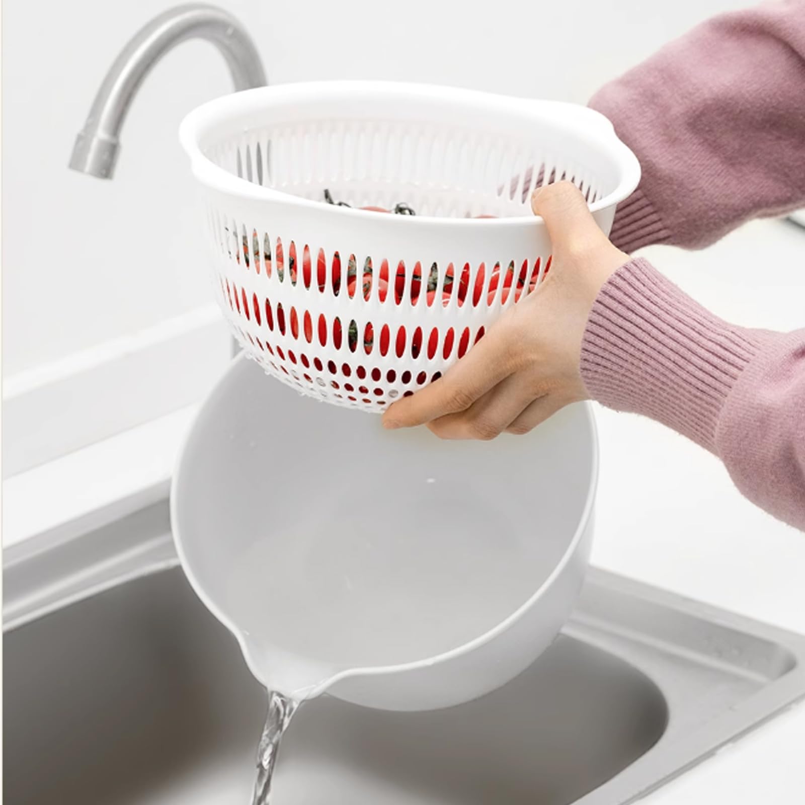 2 Sets 3 Qt,2 in 1 Kitchen Colander Set with Bowl Strainer ,BPA Free Plastic Fruits and Vegetable Washing Basket,Dishwasher Friendly Double Layered Drain Basin,for Pasta, Noodles, Rice and Food (Grey)