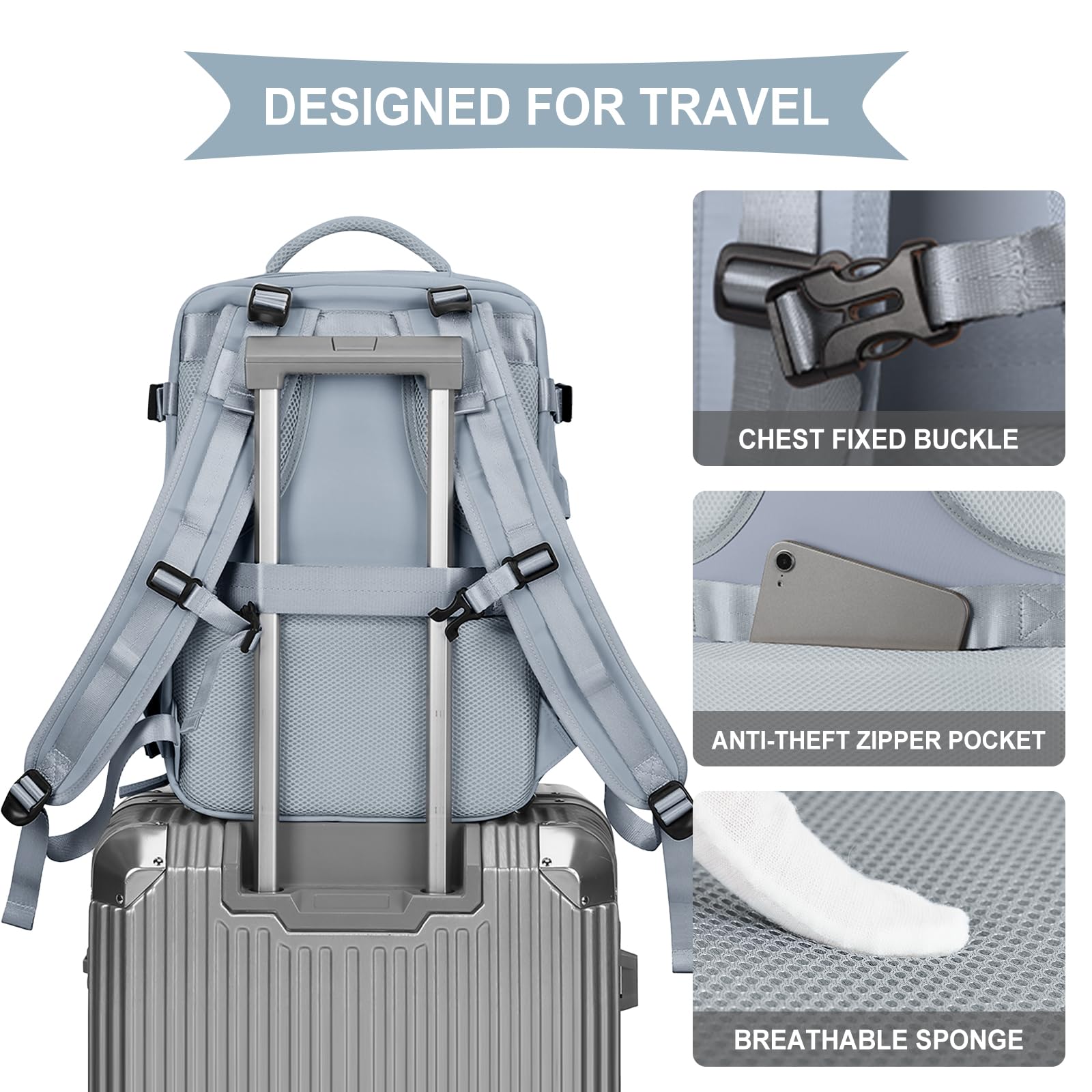 coowoz Large Travel Backpack For Women Men,Carry On Backpack Flight Approved,Hiking Backpack Waterproof Outdoor Rucksack Casual Daypack Fit 15.6 Inch Laptop Shoes Compartment (Gray Blue-L)