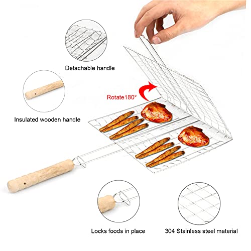 Odowalker Barbeque Basket, Portable BBQ Grilling Basket with Long Handle, Grilling Basket Stainless Steel for Fish Vegetables Steak Shrimp Chops Outdoor Grill Tool