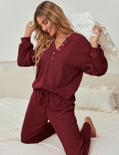 Ekouaer Womens Long Sleeve Knit Lounge Set Casual Sweater Slouchy Pajama Set Cozy Loose Loungewear for Winter with Pockets (Wine Red, M)