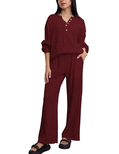 Ekouaer Womens Long Sleeve Knit Lounge Set Casual Sweater Slouchy Pajama Set Cozy Loose Loungewear for Winter with Pockets (Wine Red, M)