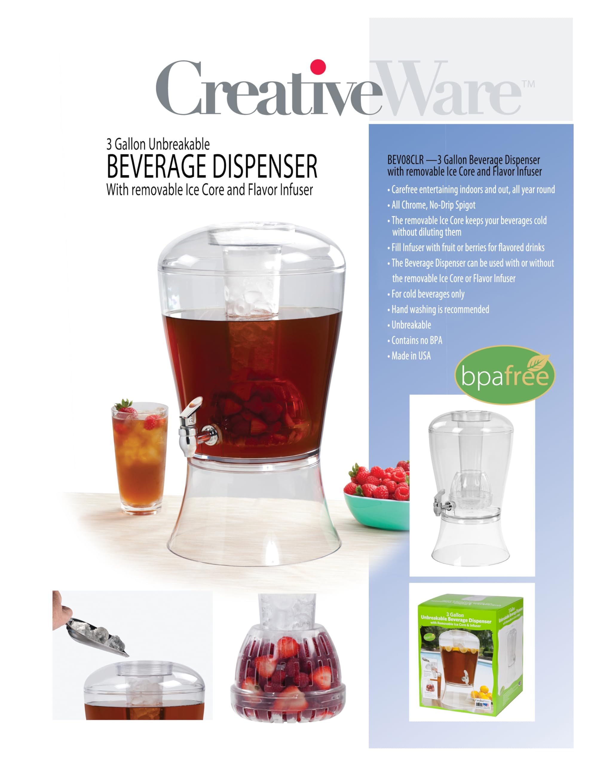 CreativeWare Beverage Dispenser With Ice Cylinder And Fruit Infuser, Clear