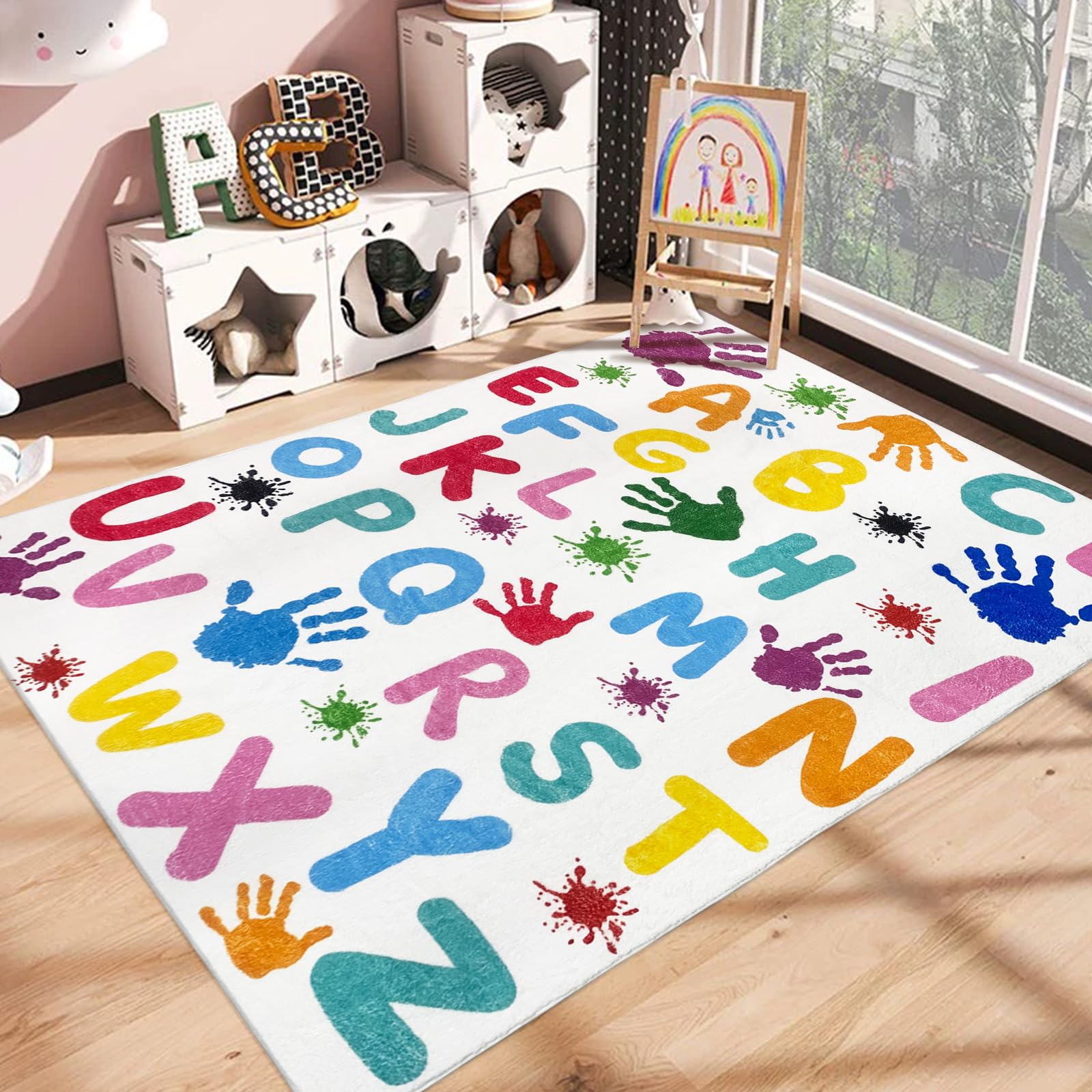 USTIDE Kids Rug ABC Kids Carpet 5x7 Ft Washable Non-Slip Play Mat Indoor Area Rug Carpet for Living Room Bedroom Nursery Room Classroom Colorful Handprint Area Rug for Playroom