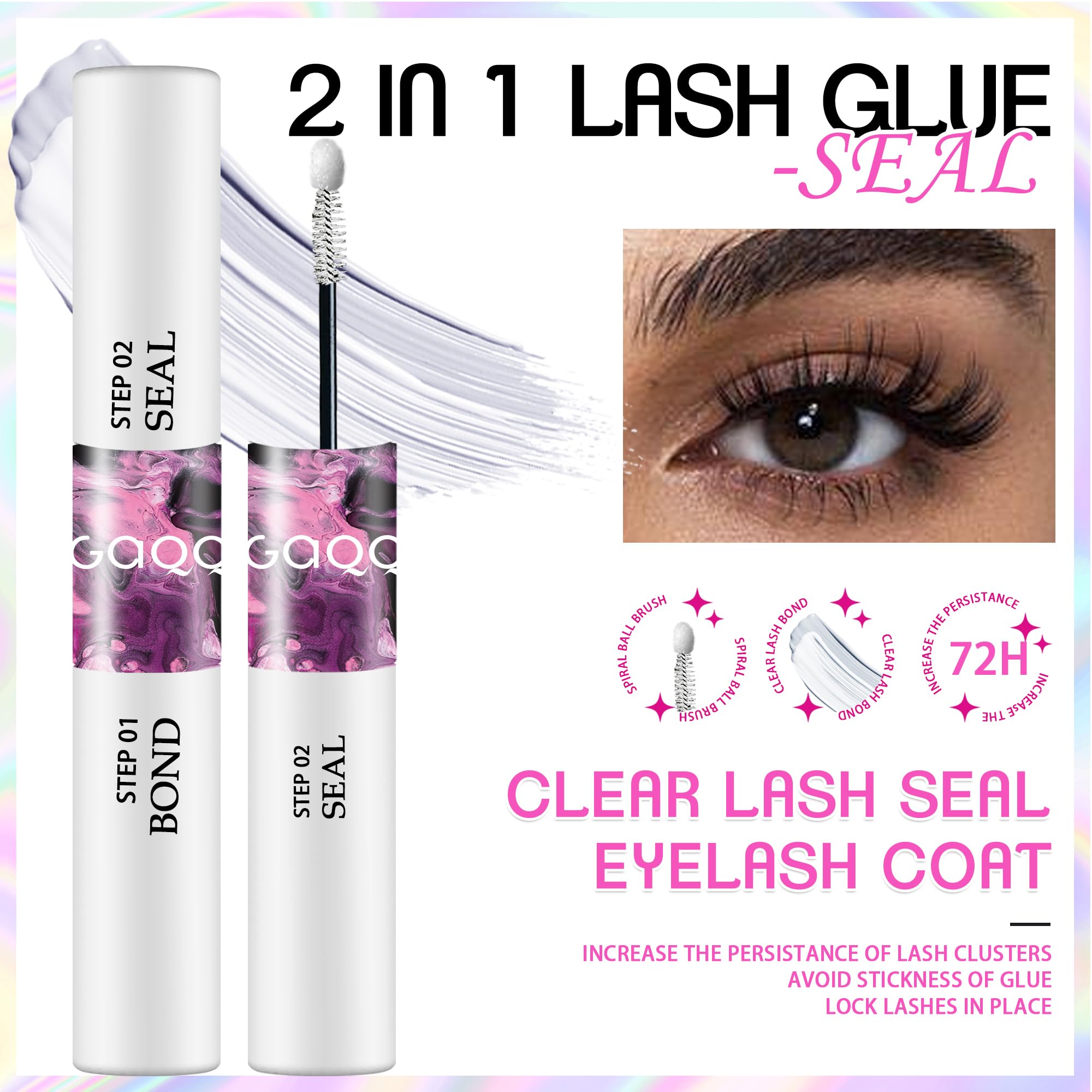 GAQQI Lash Bond and Seal, Lash Cluster Glue for DIY Lash Extensions, 48 Hours Long Lasting Waterproof Lash Adhesive Glue, Non-irritating Flase Lashes Glue for Sensitive Eyes (White Bond)