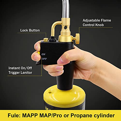 High Intensity Propane Torch Head, Trigger Start Mapp/Map Gas Torch with Self Ignition & Brass Knob, Pencil Flame Welding Torch Fuel by MAPP, MAP/PRO and Propane gas(CSA Certified )