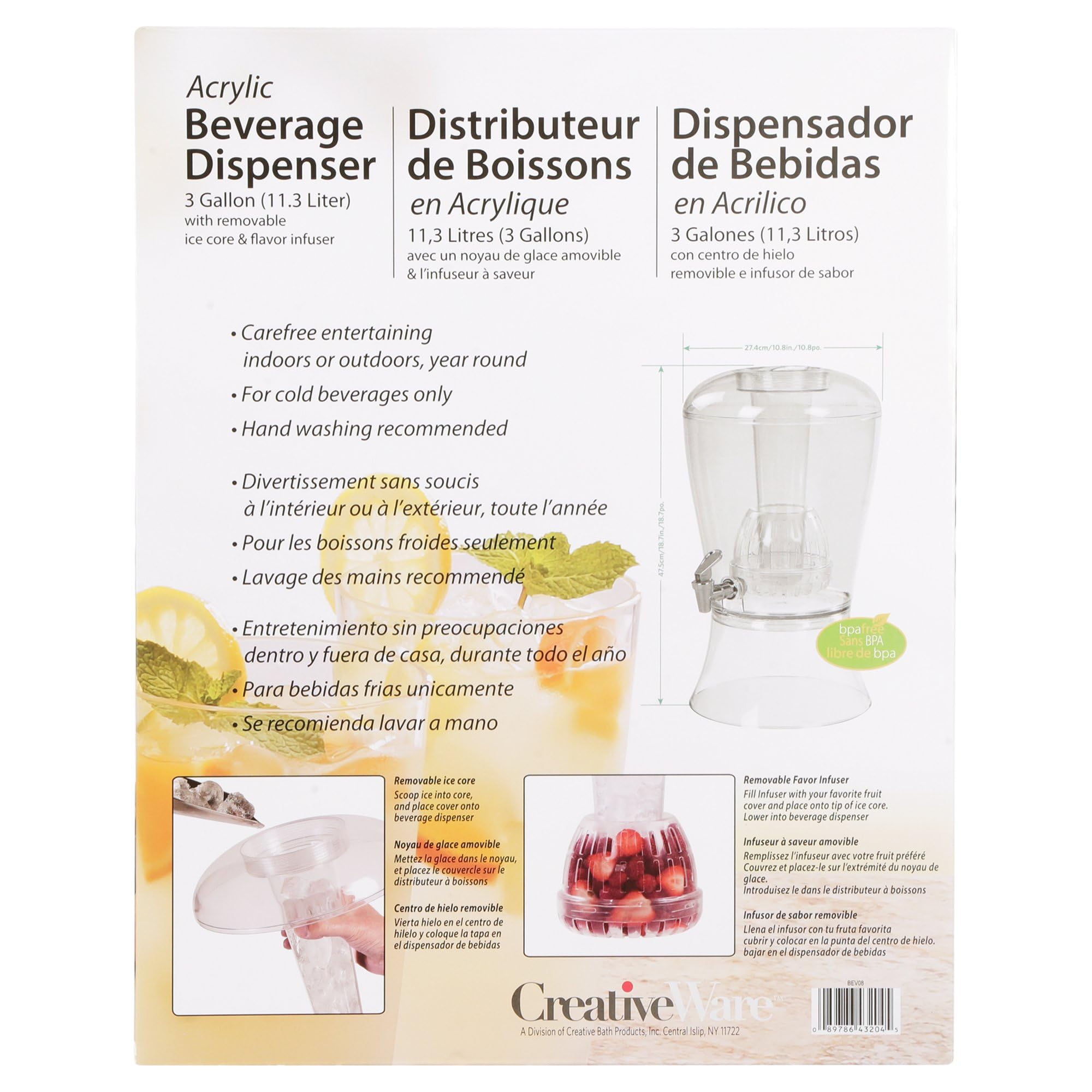 CreativeWare Beverage Dispenser With Ice Cylinder And Fruit Infuser, Clear