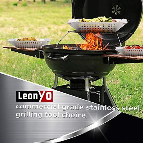 Leonyo 12" & 8" Grill Basket for Vegetables & Meat β 3PCS Heavy Duty Grill Utensils Set, Built to Last Stainless Steel Barbecue Grilling Accessories for All Grills & Smokers & Veggie, Grilling Gift