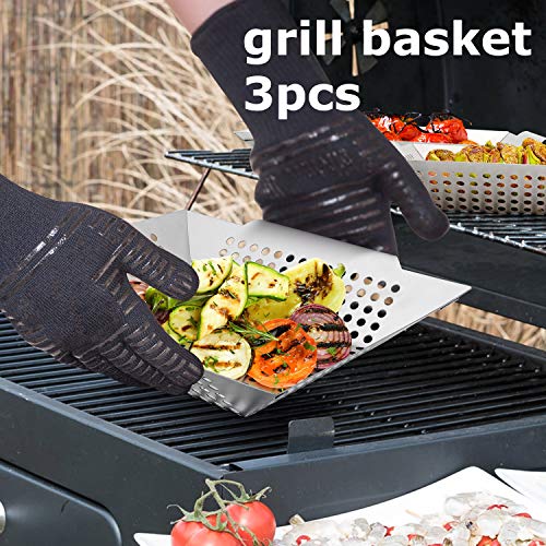 Leonyo 12" & 8" Grill Basket for Vegetables & Meat β 3PCS Heavy Duty Grill Utensils Set, Built to Last Stainless Steel Barbecue Grilling Accessories for All Grills & Smokers & Veggie, Grilling Gift