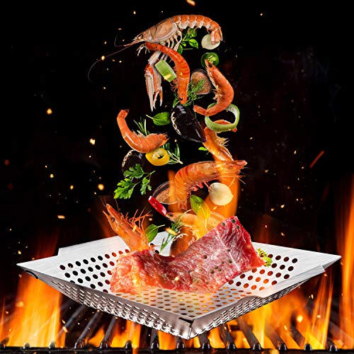Leonyo 12" & 8" Grill Basket for Vegetables & Meat β 3PCS Heavy Duty Grill Utensils Set, Built to Last Stainless Steel Barbecue Grilling Accessories for All Grills & Smokers & Veggie, Grilling Gift