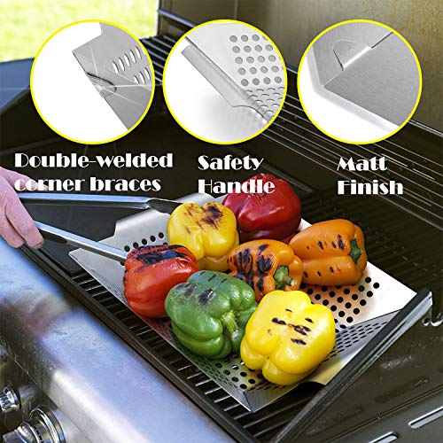 Leonyo 12" & 8" Grill Basket for Vegetables & Meat β 3PCS Heavy Duty Grill Utensils Set, Built to Last Stainless Steel Barbecue Grilling Accessories for All Grills & Smokers & Veggie, Grilling Gift