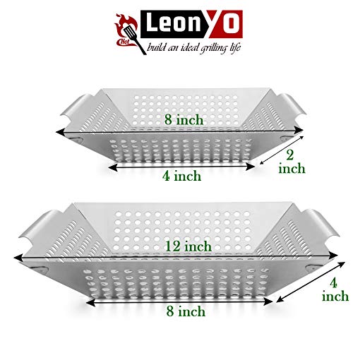 Leonyo 12" & 8" Grill Basket for Vegetables & Meat β 3PCS Heavy Duty Grill Utensils Set, Built to Last Stainless Steel Barbecue Grilling Accessories for All Grills & Smokers & Veggie, Grilling Gift