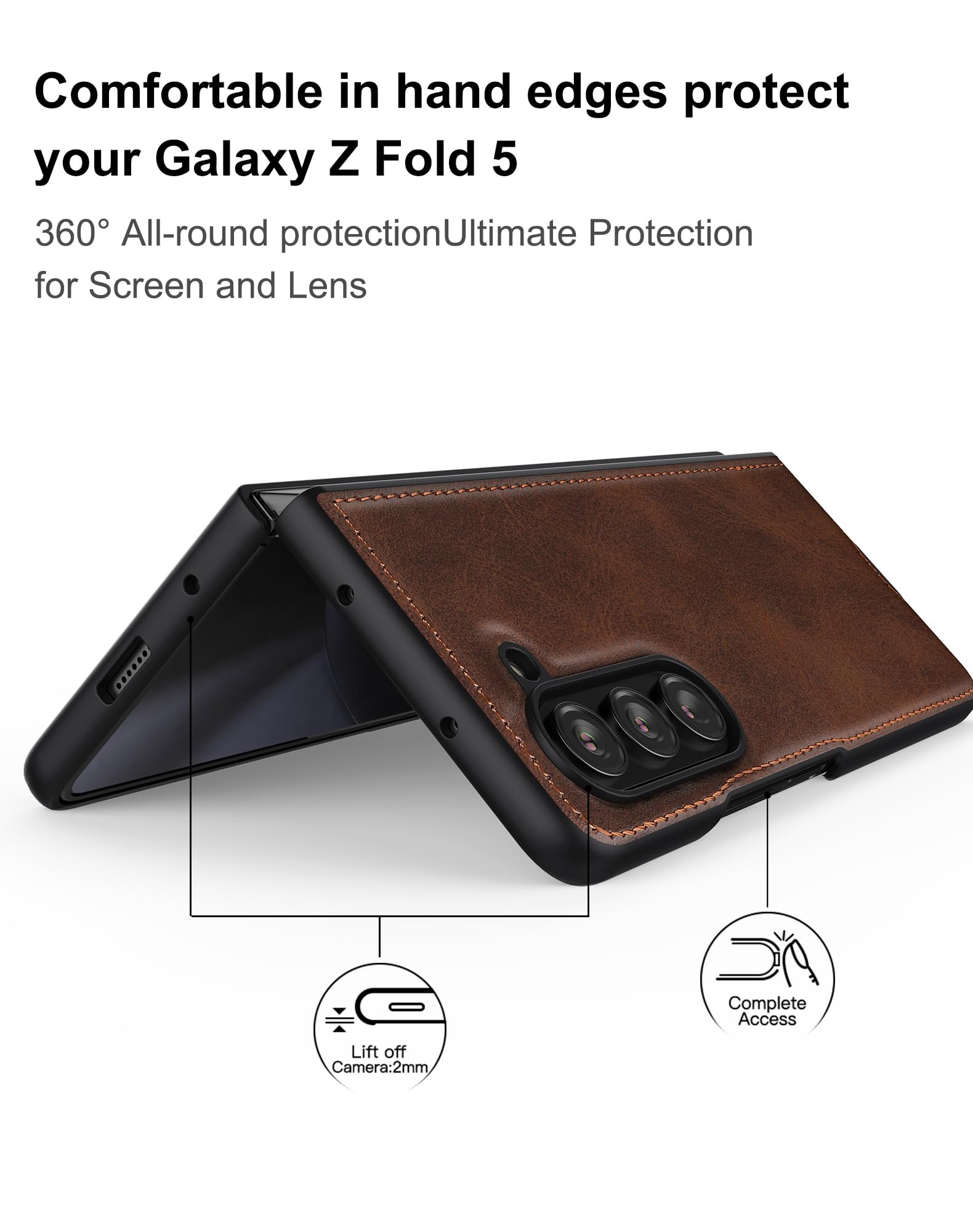 Foluu Case for Samsung Galaxy Z Fold 5, with Front Built-in Screen Protector, PU Leather + Hard PC Shell Ultra Thin Slim Durable Protective Phone Cover for Samsung Galaxy Z Fold5 5G 2023 (Brown)