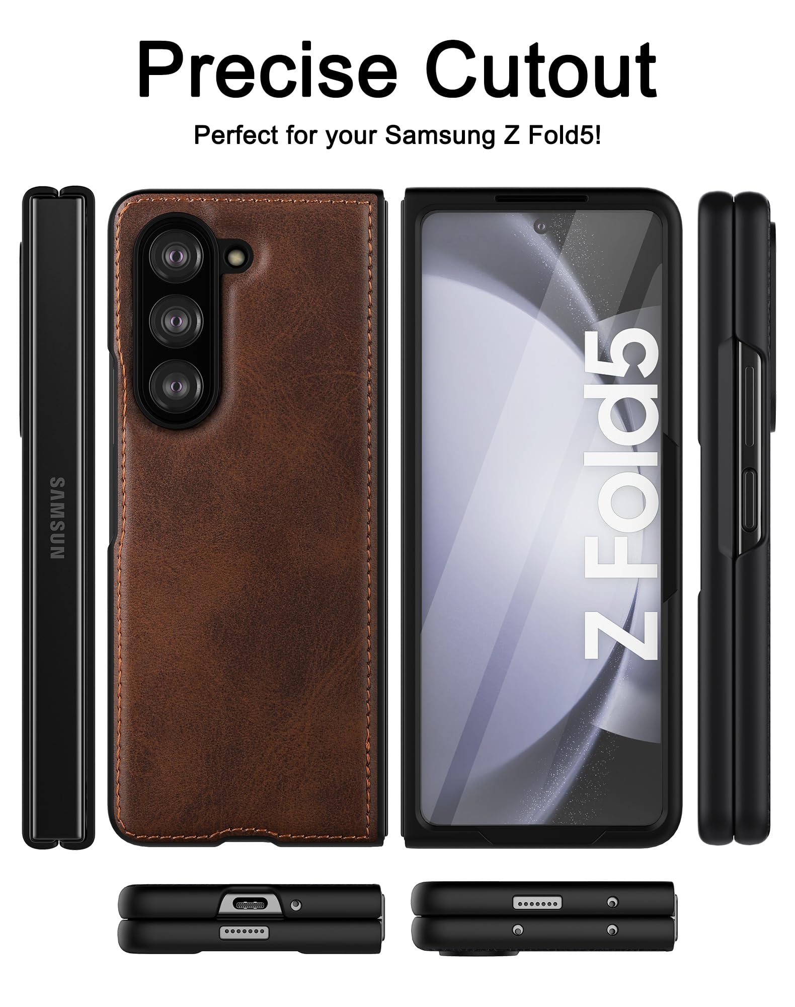 Foluu Case for Samsung Galaxy Z Fold 5, with Front Built-in Screen Protector, PU Leather + Hard PC Shell Ultra Thin Slim Durable Protective Phone Cover for Samsung Galaxy Z Fold5 5G 2023 (Brown)