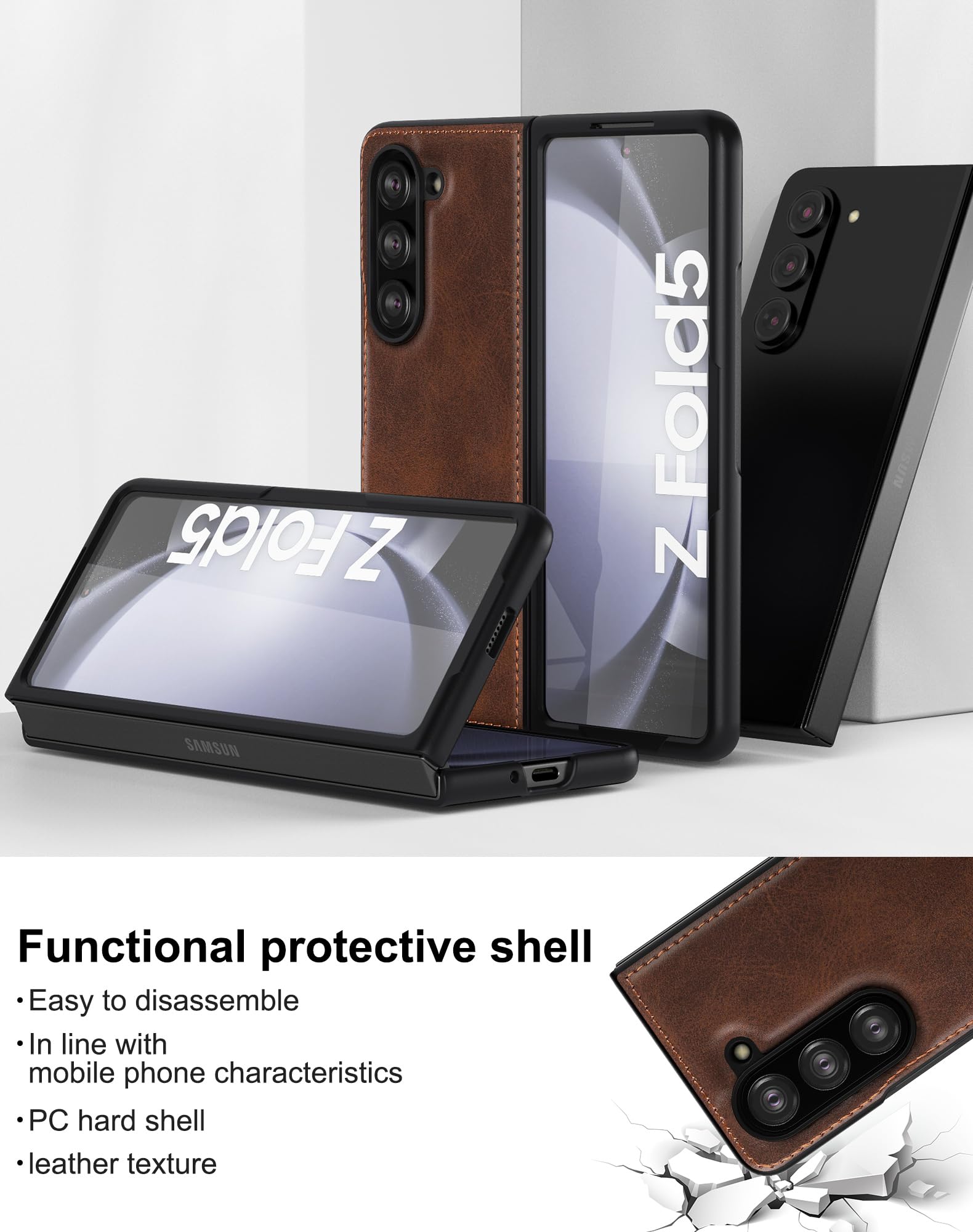 Foluu Case for Samsung Galaxy Z Fold 5, with Front Built-in Screen Protector, PU Leather + Hard PC Shell Ultra Thin Slim Durable Protective Phone Cover for Samsung Galaxy Z Fold5 5G 2023 (Brown)