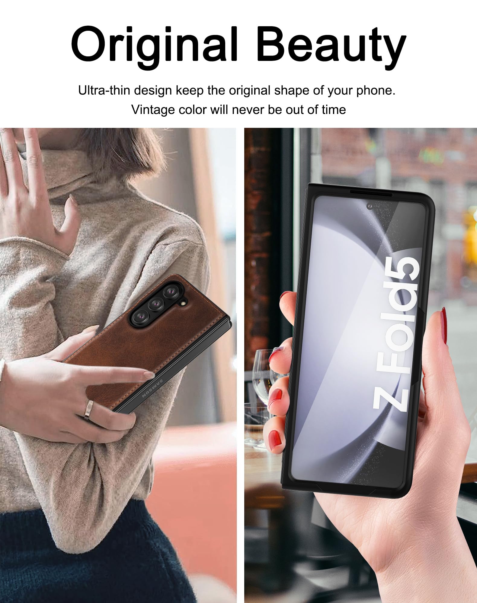 Foluu Case for Samsung Galaxy Z Fold 5, with Front Built-in Screen Protector, PU Leather + Hard PC Shell Ultra Thin Slim Durable Protective Phone Cover for Samsung Galaxy Z Fold5 5G 2023 (Brown)