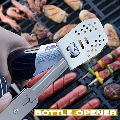 Roxon 4 in 1 Mini BBQ Barbecue Combo Tool Set with Spatula, Fork, Tongs and Bottle Opener for Hiking Camping (Grey)