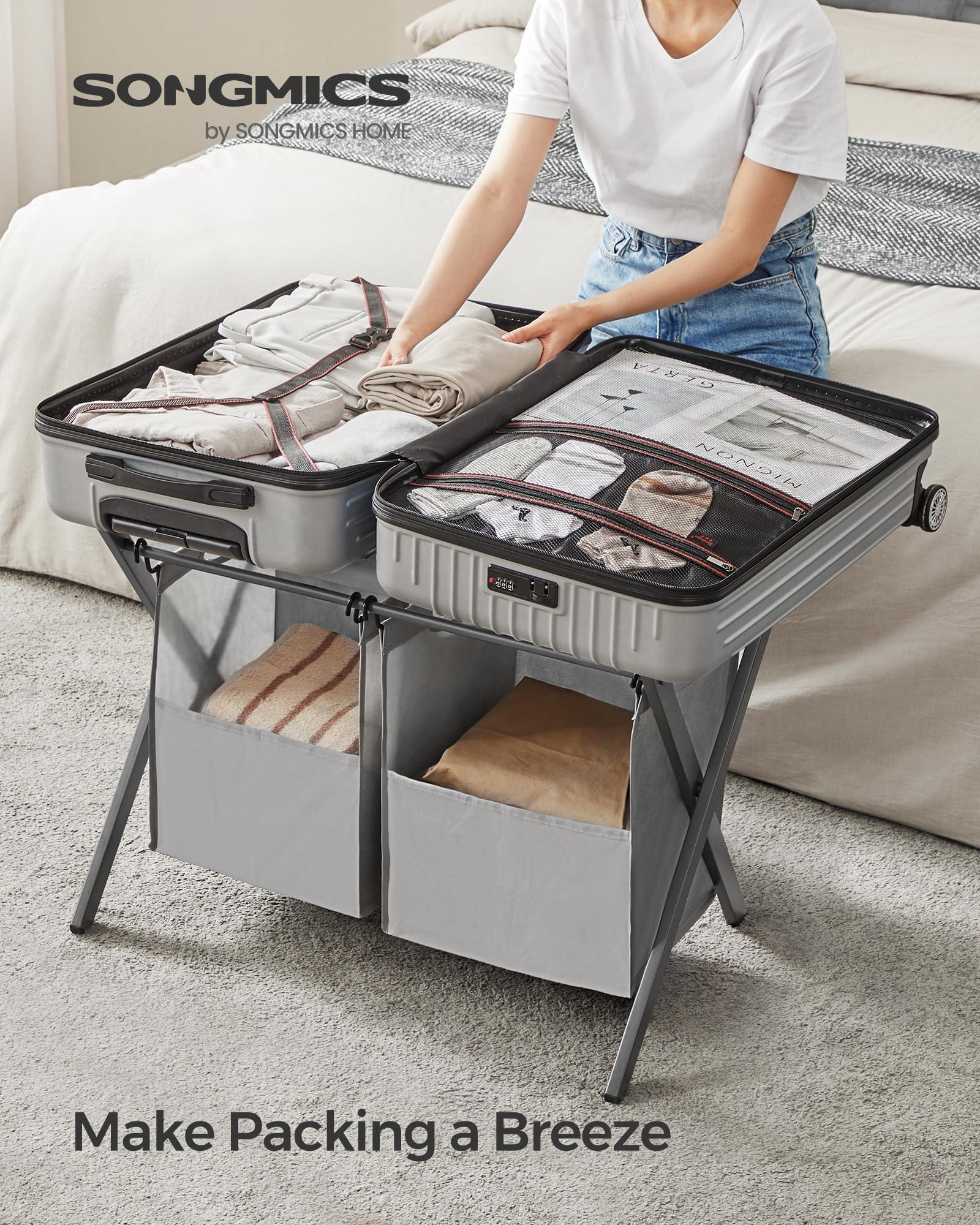 SONGMICS 2 Pack Luggage Racks with 2 Removable Laundry Bag, Set of 2 Suitcase Stands for Guest Room, Foldable for Space-Saving Storage, Steel Frame, Hotel, Bedroom, Slate Gray URLR008G02