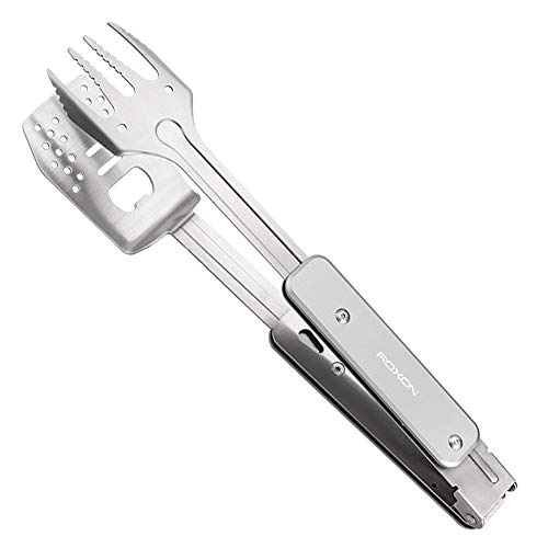 Roxon 4 in 1 Mini BBQ Barbecue Combo Tool Set with Spatula, Fork, Tongs and Bottle Opener for Hiking Camping (Grey)