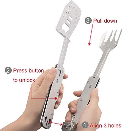 Roxon 4 in 1 Mini BBQ Barbecue Combo Tool Set with Spatula, Fork, Tongs and Bottle Opener for Hiking Camping (Grey)