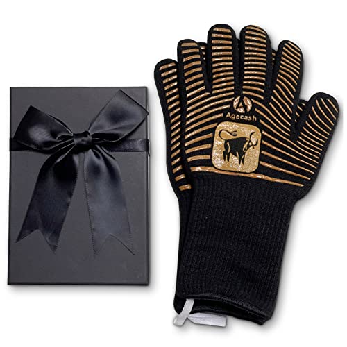 BBQ Gloves (Taurus Pattern) with Gifts Box, 1472℉ Heat Resistant Grill Cooking Oven Mitts for Men/Women, Cut Resistant, Extra Long Cuff, Heat Proof Non-Slip Grilling Silicone Cover