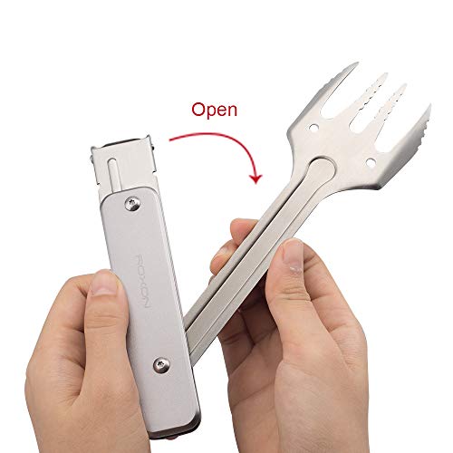 Roxon 4 in 1 Mini BBQ Barbecue Combo Tool Set with Spatula, Fork, Tongs and Bottle Opener for Hiking Camping (Grey)