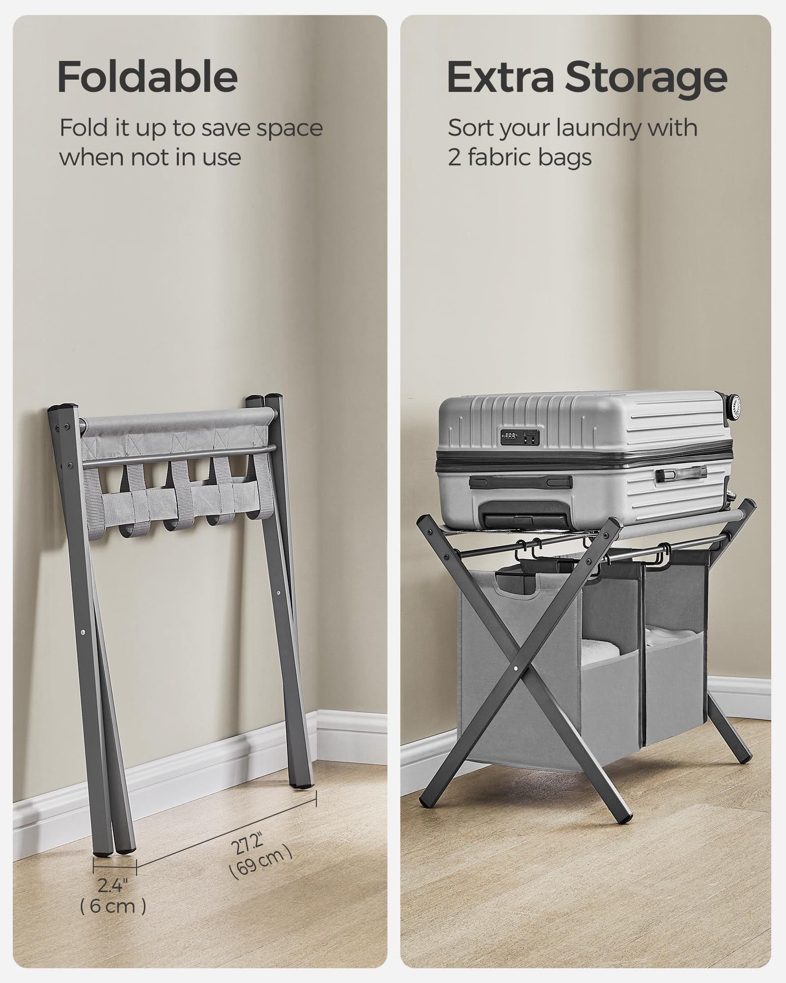 SONGMICS 2 Pack Luggage Racks with 2 Removable Laundry Bag, Set of 2 Suitcase Stands for Guest Room, Foldable for Space-Saving Storage, Steel Frame, Hotel, Bedroom, Slate Gray URLR008G02