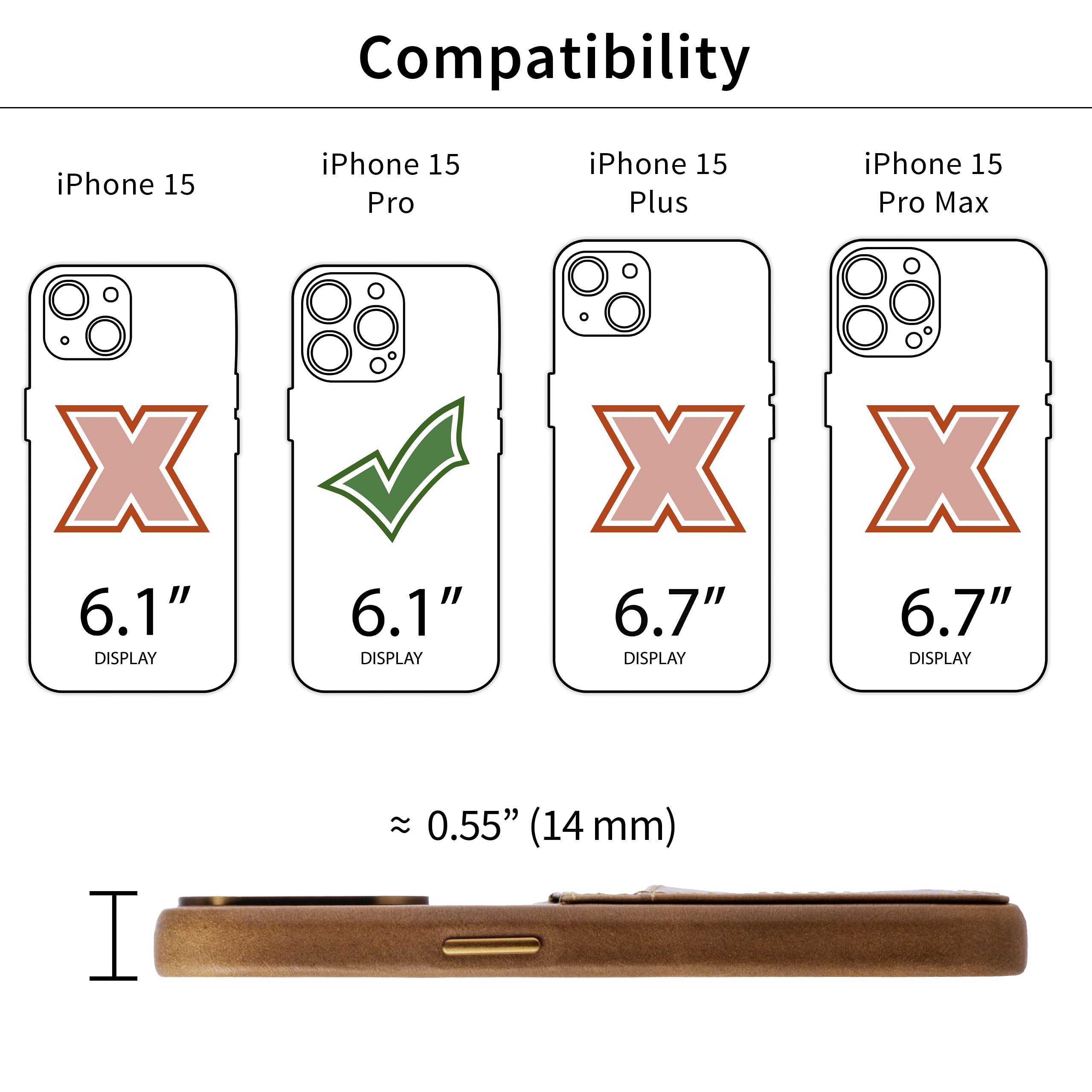 Dockem Genuine Leather Card Case for iPhone 15 Pro with Built-in Metal Plate for Magnetic Mounting, Stitched-on Wallet with 2 Credit Card Pockets (Light Brown, M2GL)