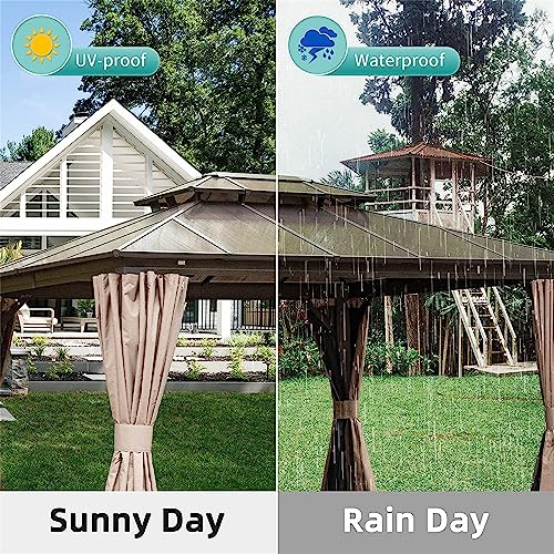 Evedy 10'x12' Hardtop Gazebo,Aluminum Gazebo Pavilion with Curtain and Net,Permanent Outdoor Gazebo with Polycarbonate Double Roof,for Garden, Patio, Lawns, Deck, Backyard-Brown