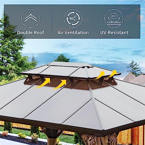 Evedy 10'x12' Hardtop Gazebo,Aluminum Gazebo Pavilion with Curtain and Net,Permanent Outdoor Gazebo with Polycarbonate Double Roof,for Garden, Patio, Lawns, Deck, Backyard-Brown