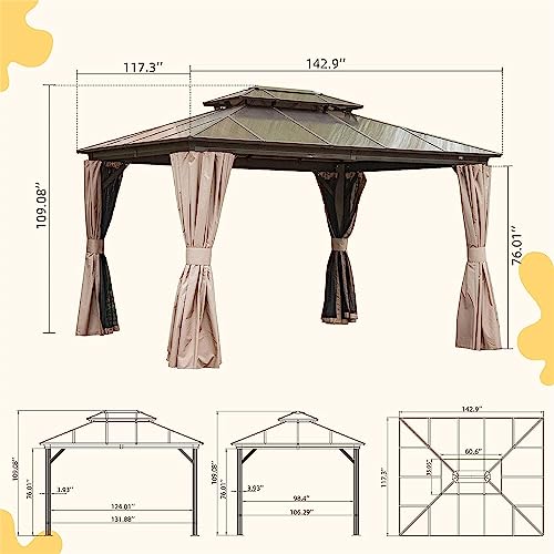 Evedy 10'x12' Hardtop Gazebo,Aluminum Gazebo Pavilion with Curtain and Net,Permanent Outdoor Gazebo with Polycarbonate Double Roof,for Garden, Patio, Lawns, Deck, Backyard-Brown