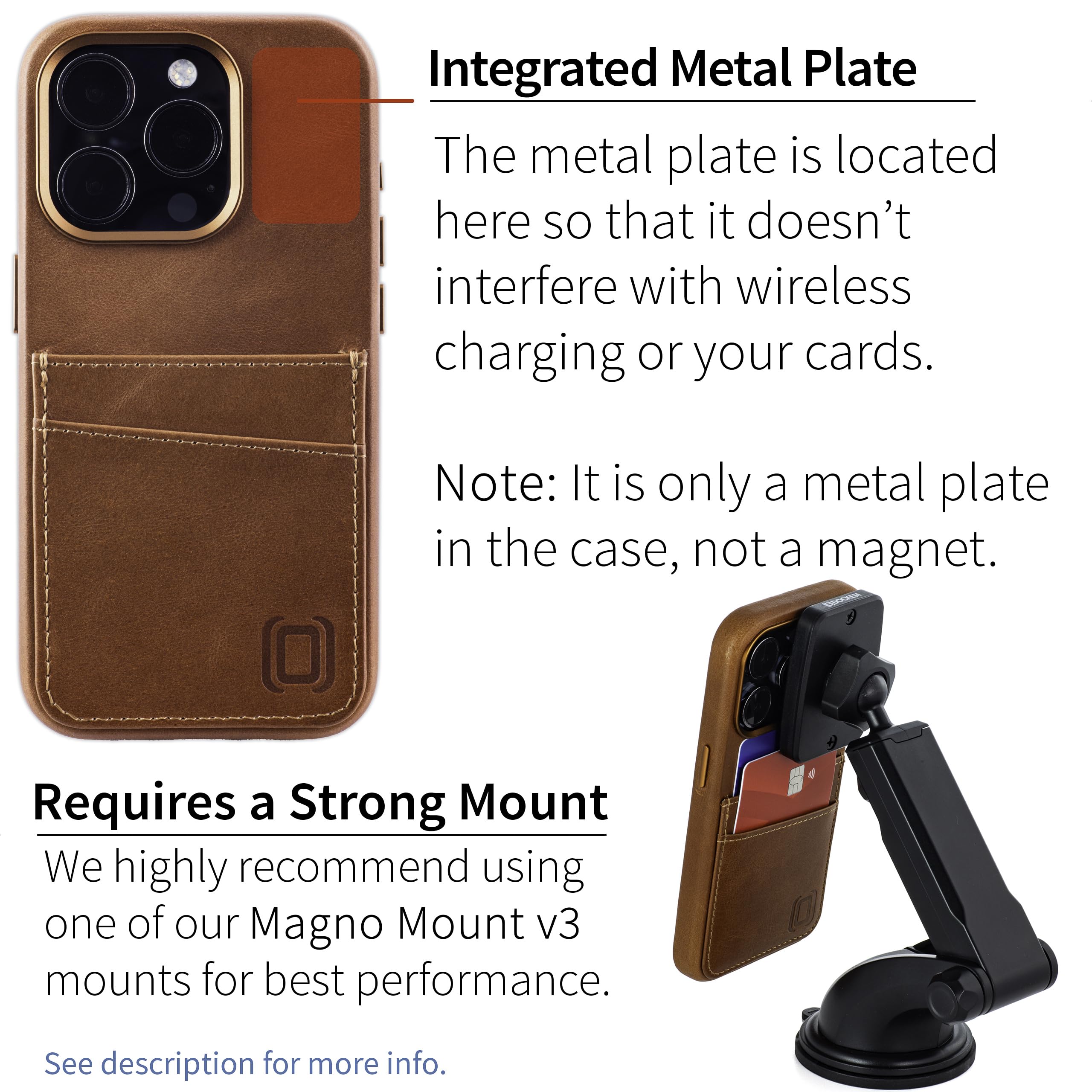 Dockem Genuine Leather Card Case for iPhone 15 Pro with Built-in Metal Plate for Magnetic Mounting, Stitched-on Wallet with 2 Credit Card Pockets (Light Brown, M2GL)