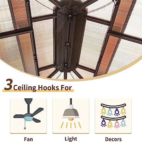 Evedy 10'x12' Hardtop Gazebo,Aluminum Gazebo Pavilion with Curtain and Net,Permanent Outdoor Gazebo with Polycarbonate Double Roof,for Garden, Patio, Lawns, Deck, Backyard-Brown