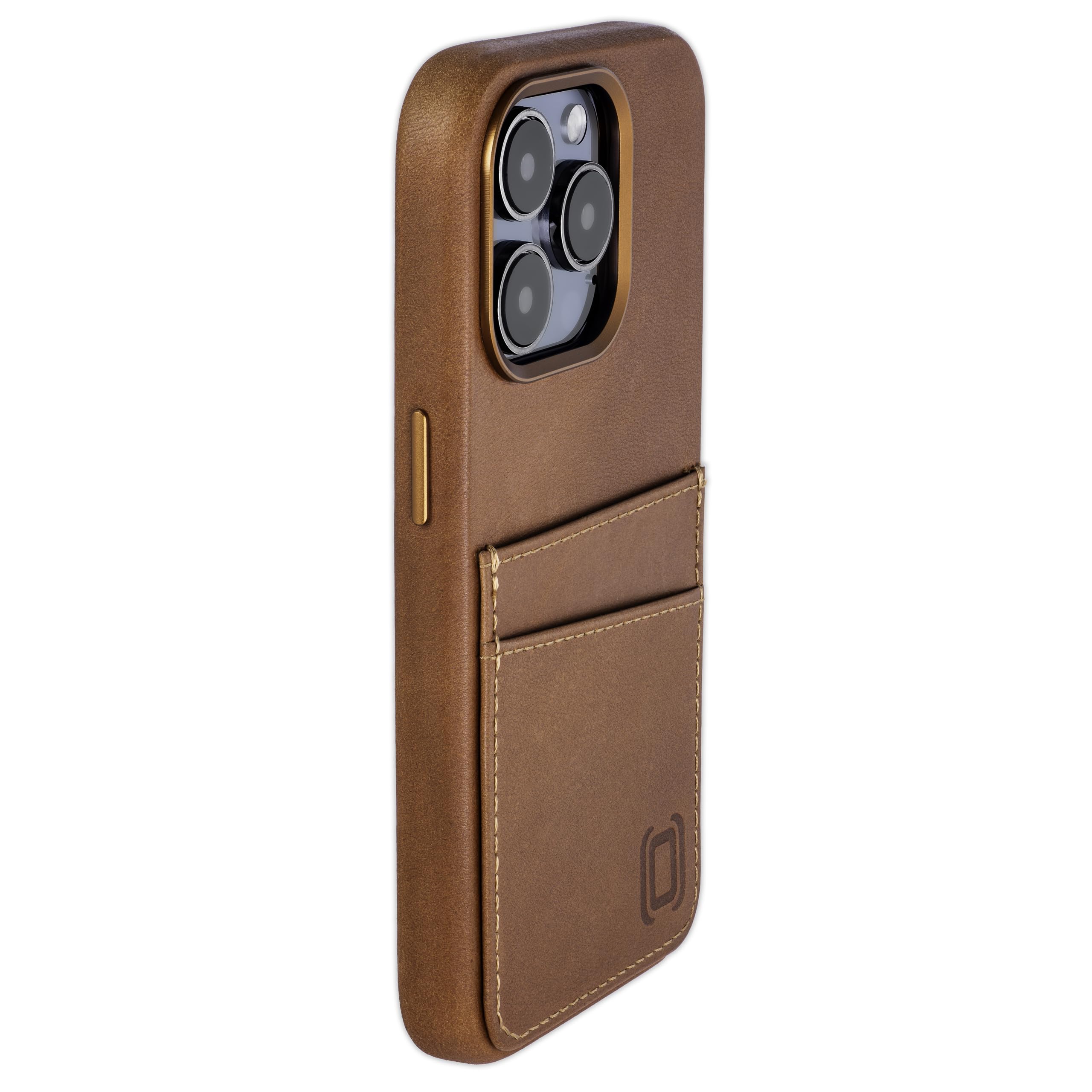 Dockem Genuine Leather Card Case for iPhone 15 Pro with Built-in Metal Plate for Magnetic Mounting, Stitched-on Wallet with 2 Credit Card Pockets (Light Brown, M2GL)