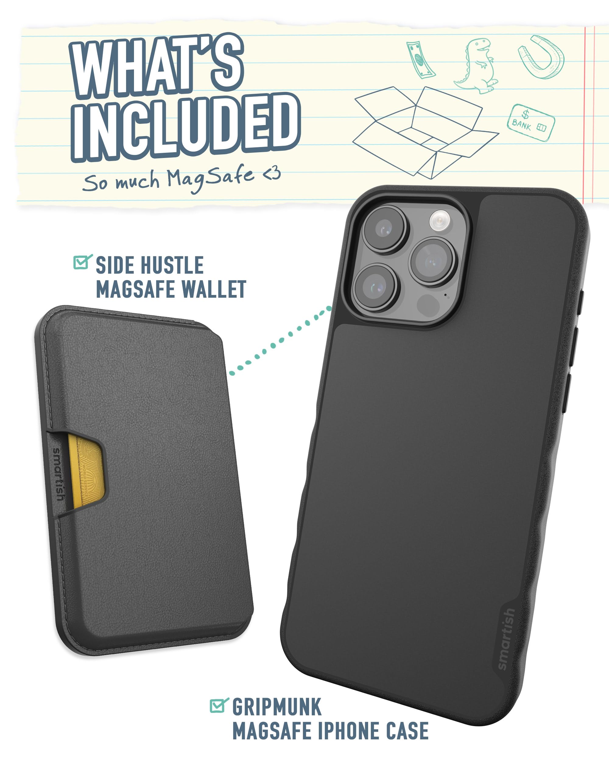 Smartishยฎ iPhone 15 Pro Max Slim Case with Wallet for MagSafe iPhones - Gripmunk - Magsafe Compatible Thin Grip Cover + Detachable Magnetic Credit Card Holder - Black Tie Affair
