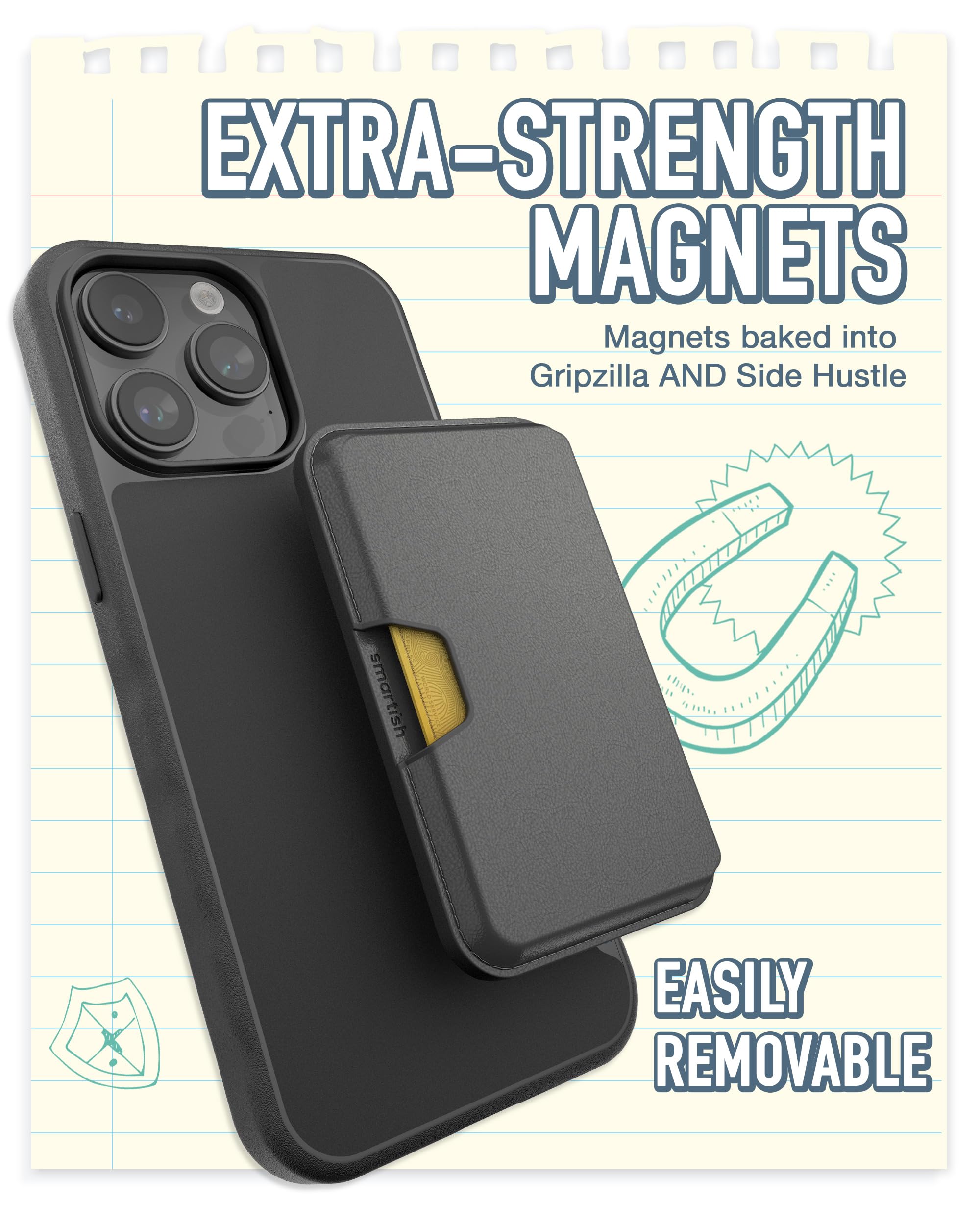Smartishยฎ iPhone 15 Pro Max Slim Case with Wallet for MagSafe iPhones - Gripmunk - Magsafe Compatible Thin Grip Cover + Detachable Magnetic Credit Card Holder - Black Tie Affair