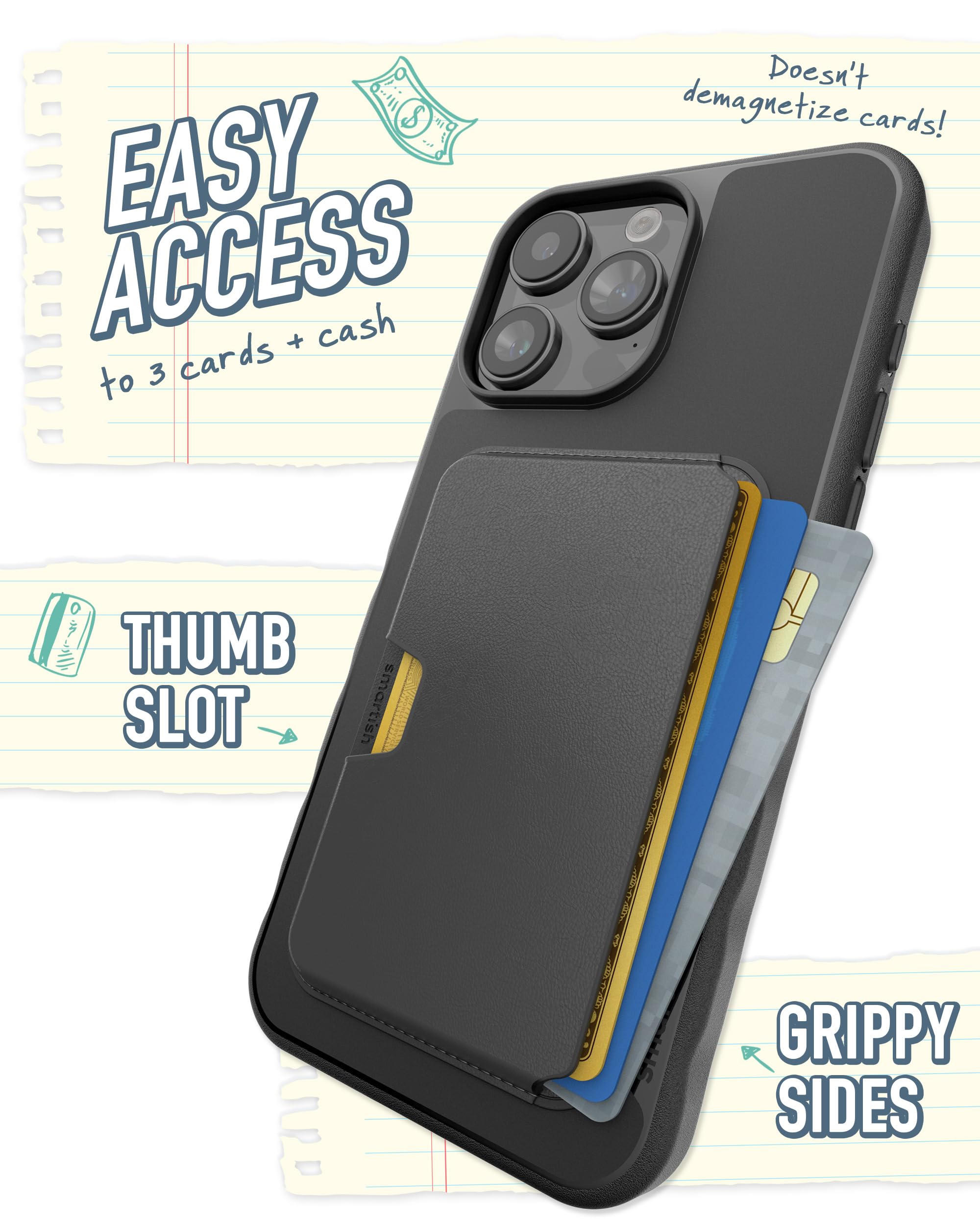 Smartishยฎ iPhone 15 Pro Max Slim Case with Wallet for MagSafe iPhones - Gripmunk - Magsafe Compatible Thin Grip Cover + Detachable Magnetic Credit Card Holder - Black Tie Affair