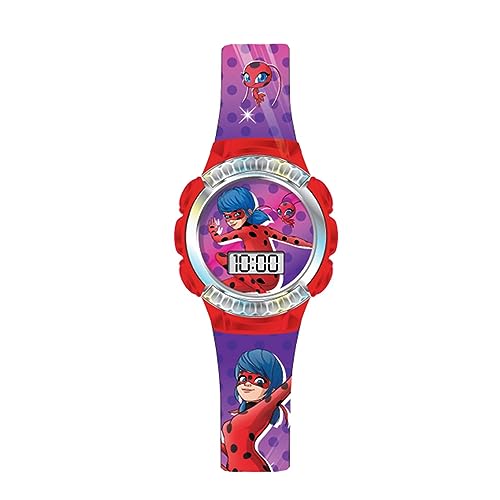 Miraculous Ladybug Kids Digital Watch with Flashing LCD Lights, Transparent Pink Case, Printed Strap, Easy-to-Read Time Display, Durable & Adjustable Fit for Wrist Sizes 5.5" to 8"