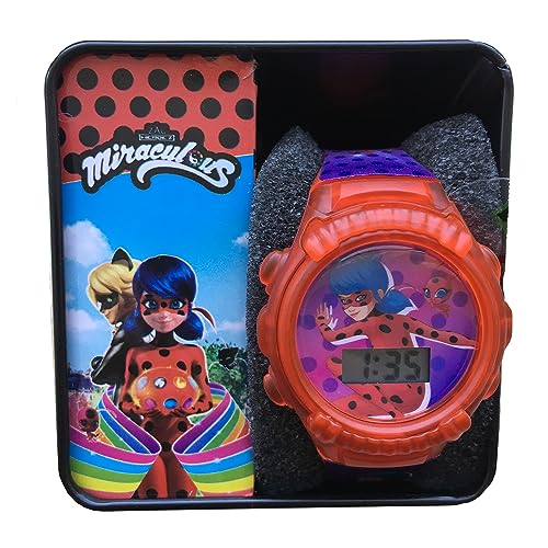 Miraculous Ladybug Kids Digital Watch with Flashing LCD Lights, Transparent Pink Case, Printed Strap, Easy-to-Read Time Display, Durable & Adjustable Fit for Wrist Sizes 5.5" to 8"