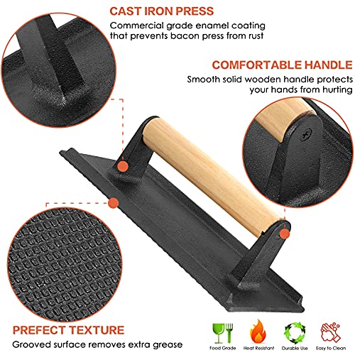 Bacon Hamburger Press for Griddle Flat Top Teppanyaki, HaSteeL Pre Seasoned 8 x 4In Cast Iron Grill Weight with Wooden Handle, Perfect for BBQ Steaks Pannis Sandwiches Meats - 1Pk