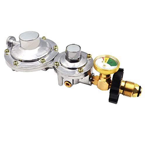 Vertical 2 Stage Propane Regulator with POL and Gauge, Two Stage Propane Regulator Standard 3/8 Female NPT Connection, Double Stage Regulator for 20-100lb Tank,Gas Grill, RV, Propane Heater