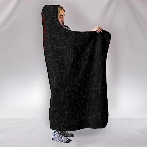 BURNAR Medieval 3D Printing Hooded Blanket Warm Soft Valhalla Skull Crow Totem Unisex Winter Wearable Hooded Blanket Double Thick Plush Wool Blanket Cape (Color : Blanket, Size : 80x60in/150x200cm)