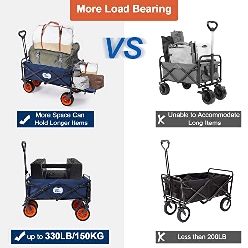 Collapsible Wagon with Big Wheels,Portable Folding Beach Wagon Cart with 330Lbs Capacity,Heacy Duty Utility Foldable Wagon Cart with Aluminum Table and Gate Open Desgin for Camping,Garden(Navy Blue)
