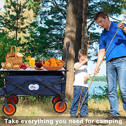 Collapsible Wagon with Big Wheels,Portable Folding Beach Wagon Cart with 330Lbs Capacity,Heacy Duty Utility Foldable Wagon Cart with Aluminum Table and Gate Open Desgin for Camping,Garden(Navy Blue)