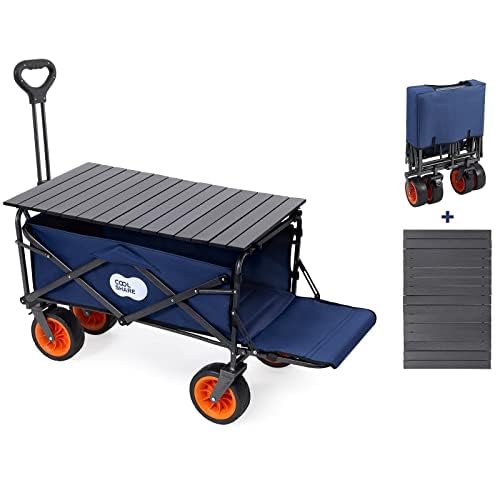 Collapsible Wagon with Big Wheels,Portable Folding Beach Wagon Cart with 330Lbs Capacity,Heacy Duty Utility Foldable Wagon Cart with Aluminum Table and Gate Open Desgin for Camping,Garden(Navy Blue)