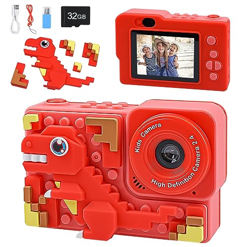 Kids Camera for Boys and Girls, Children Digital Video Toy Camera with Dinosaur Silicone Building Blocks, Selfie Camera for Kids, Christmas Birthday Festival Gifts for Age Above 6 with 32GB SD Card