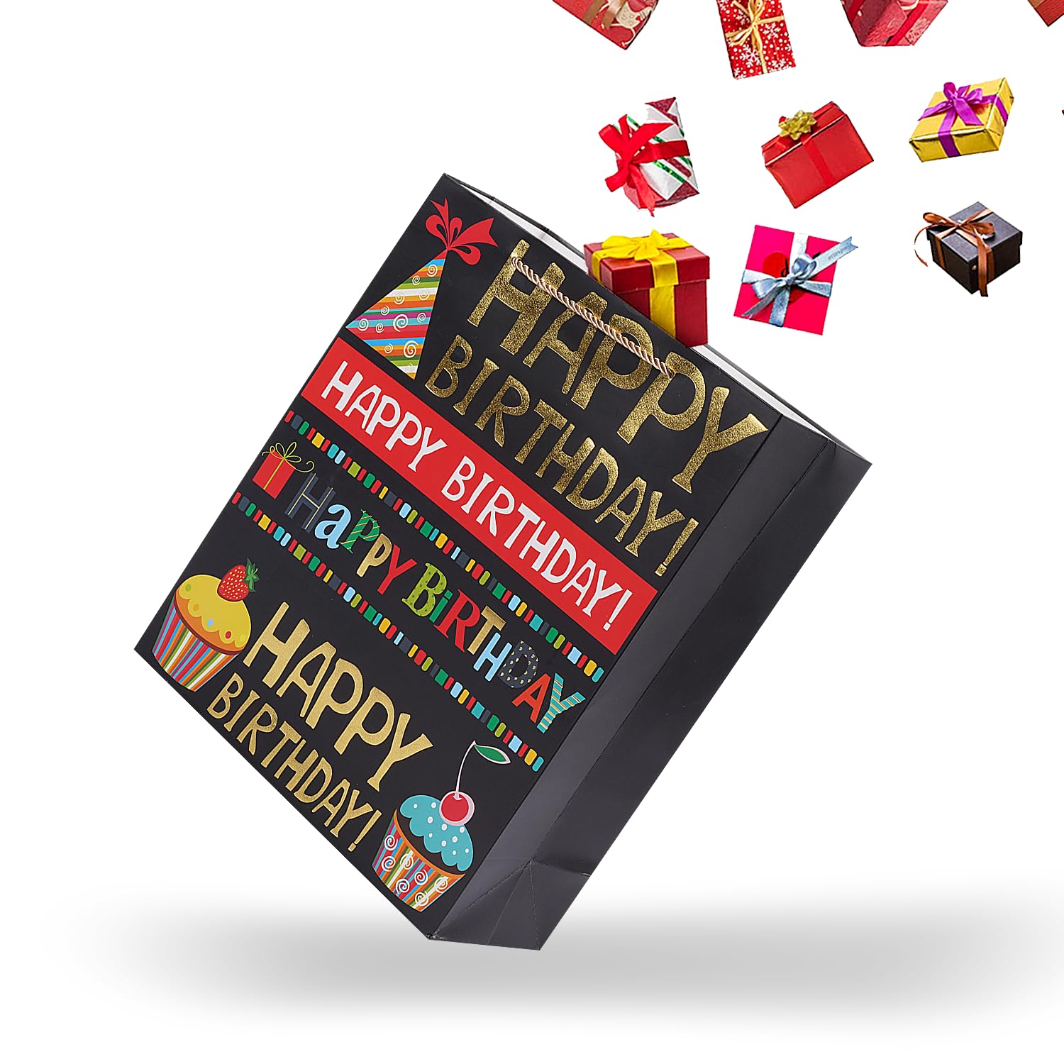 Jaywayang 12.6" Large Happy Birthday Gift Bag with Card and Tissue Paper (Black)