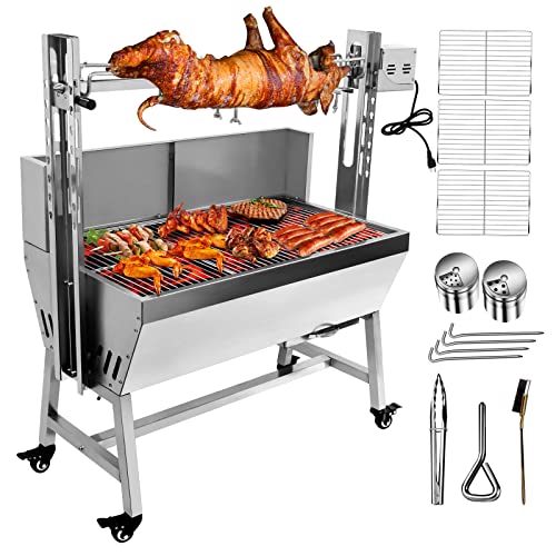 KODOM 132LBS Stainless Steel Rotisserie Grill with Back Cover Guard, 25W Motor Small Pig Lamb Rotisserie Roaster, 37 Inch BBQ Charcoal Rotisserie Roaster Grill for Camping Outdoor Kitchen